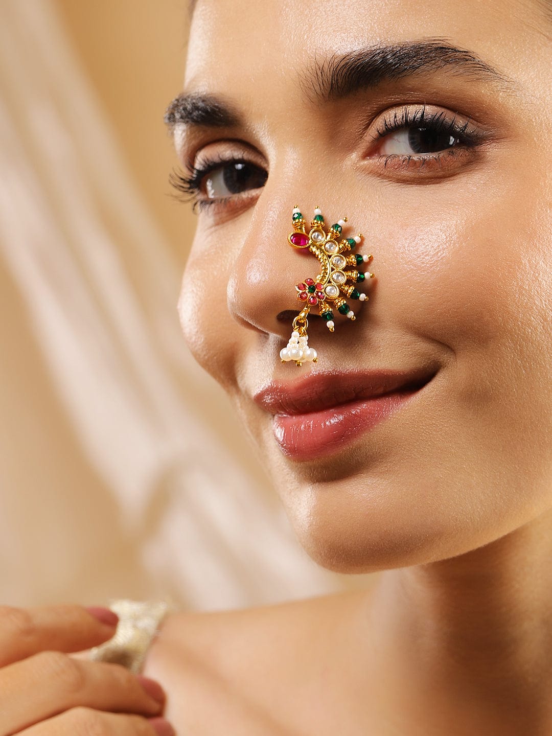Rubans 22K Gold-Plated Nath Nosepin with Ruby, Emerald Kundan & Pearl