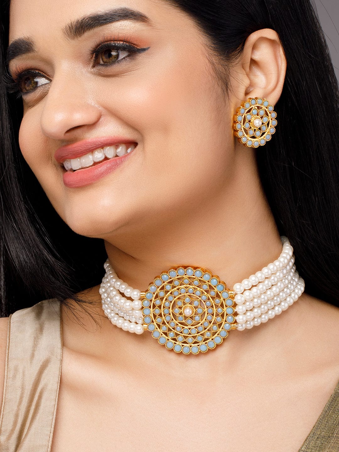 Rubans 22K Gold-Plated Pearl Choker Jewelry Set with Turquoise Blue AD