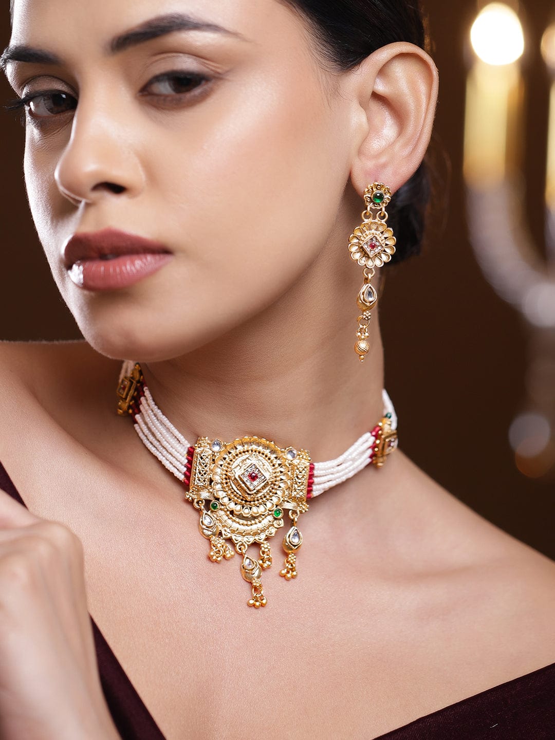 Rubans 22K Gold-Plated White Beaded Floral Choker Necklace Set with Ru