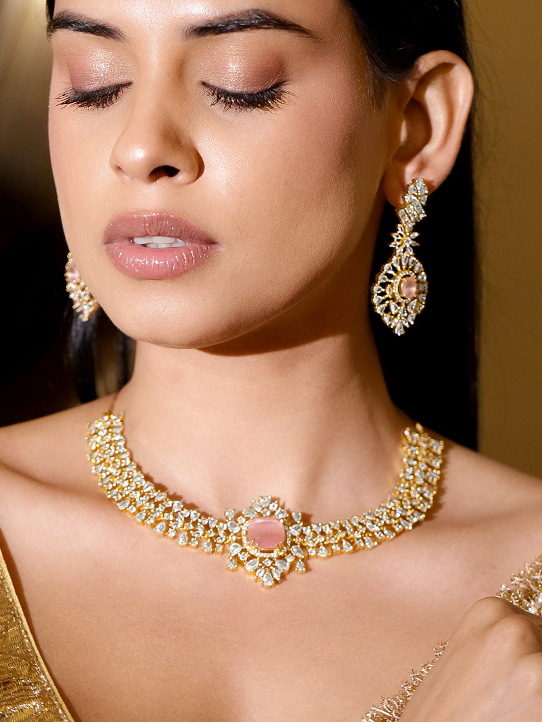 Pink American Diamond Zirconia Necklace Set – Rubans