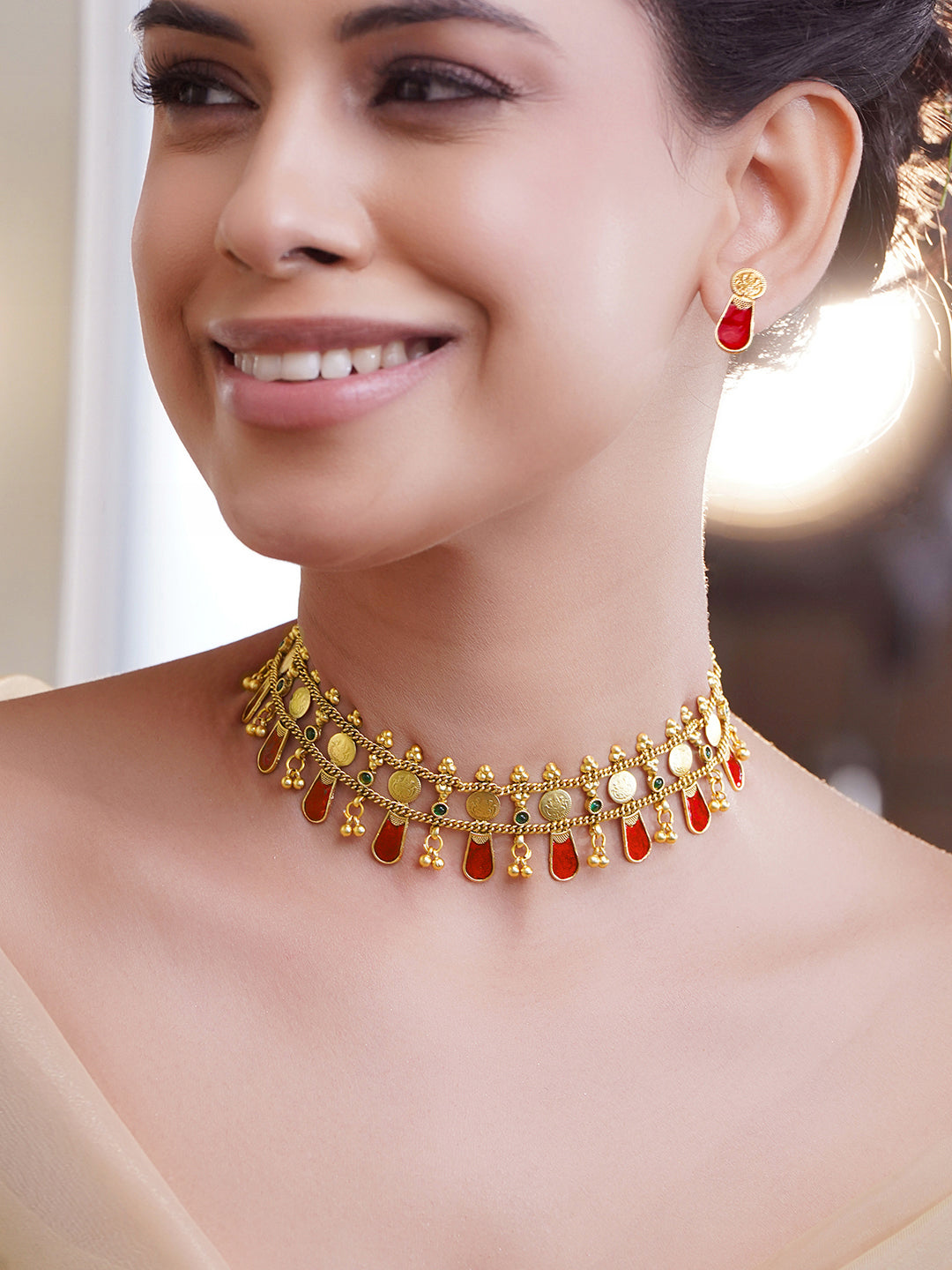 Ruby Studded Coin Pattern Temple Necklace Set – Rubans