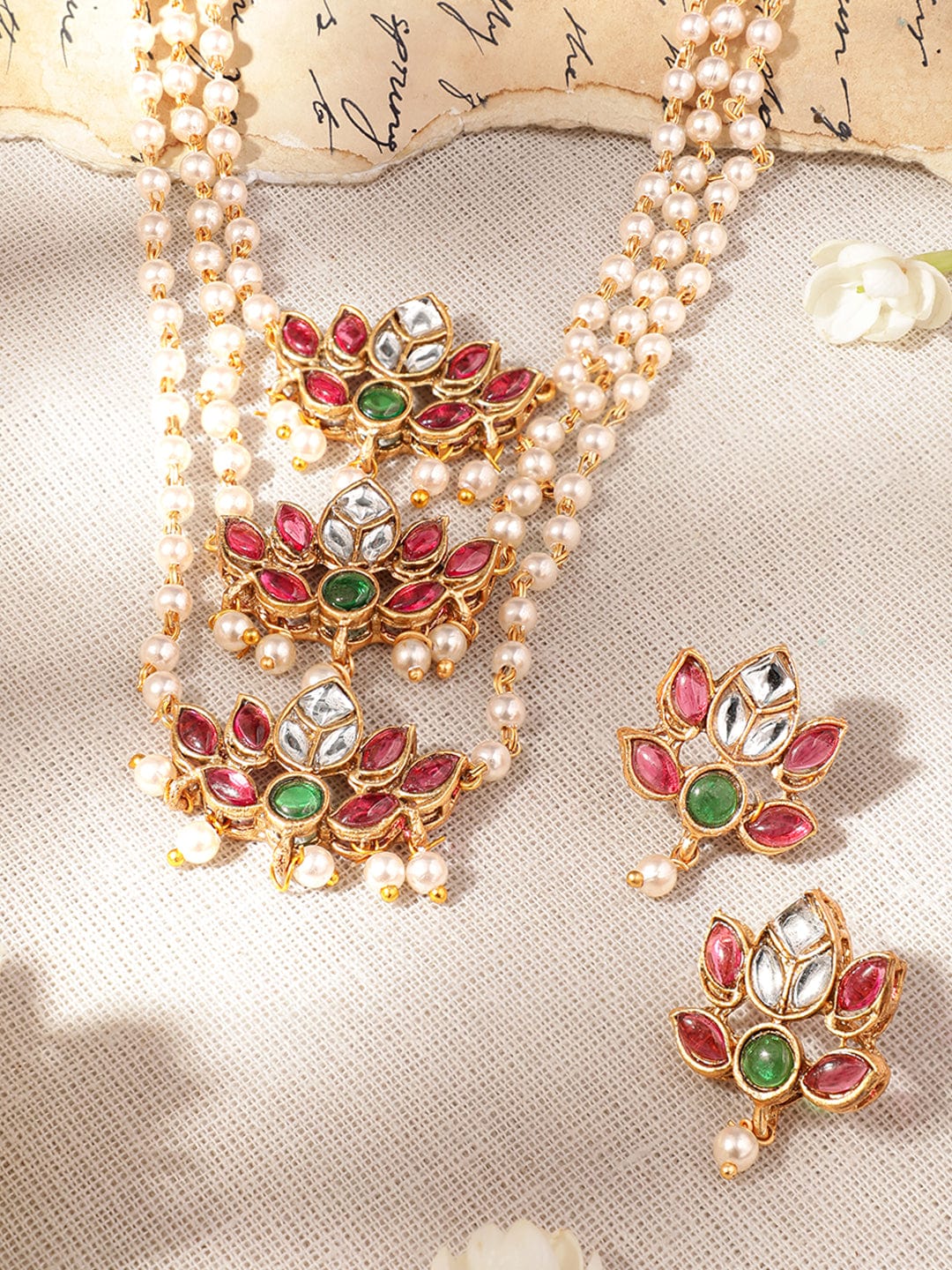 Divine Blooms 22K Gold-Plated 3-Layer Pearl Beaded Lotus Motif Jewelry ...