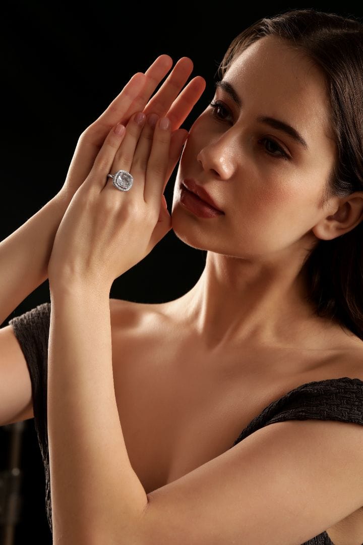 Rhodium plated Cushion cut zirconia studded classy ring – Rubans