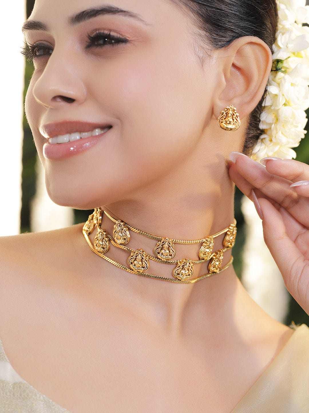 Rubans 22K Gold-Plated Triple Temple-Style Rows Divine Lakshmi Motifs