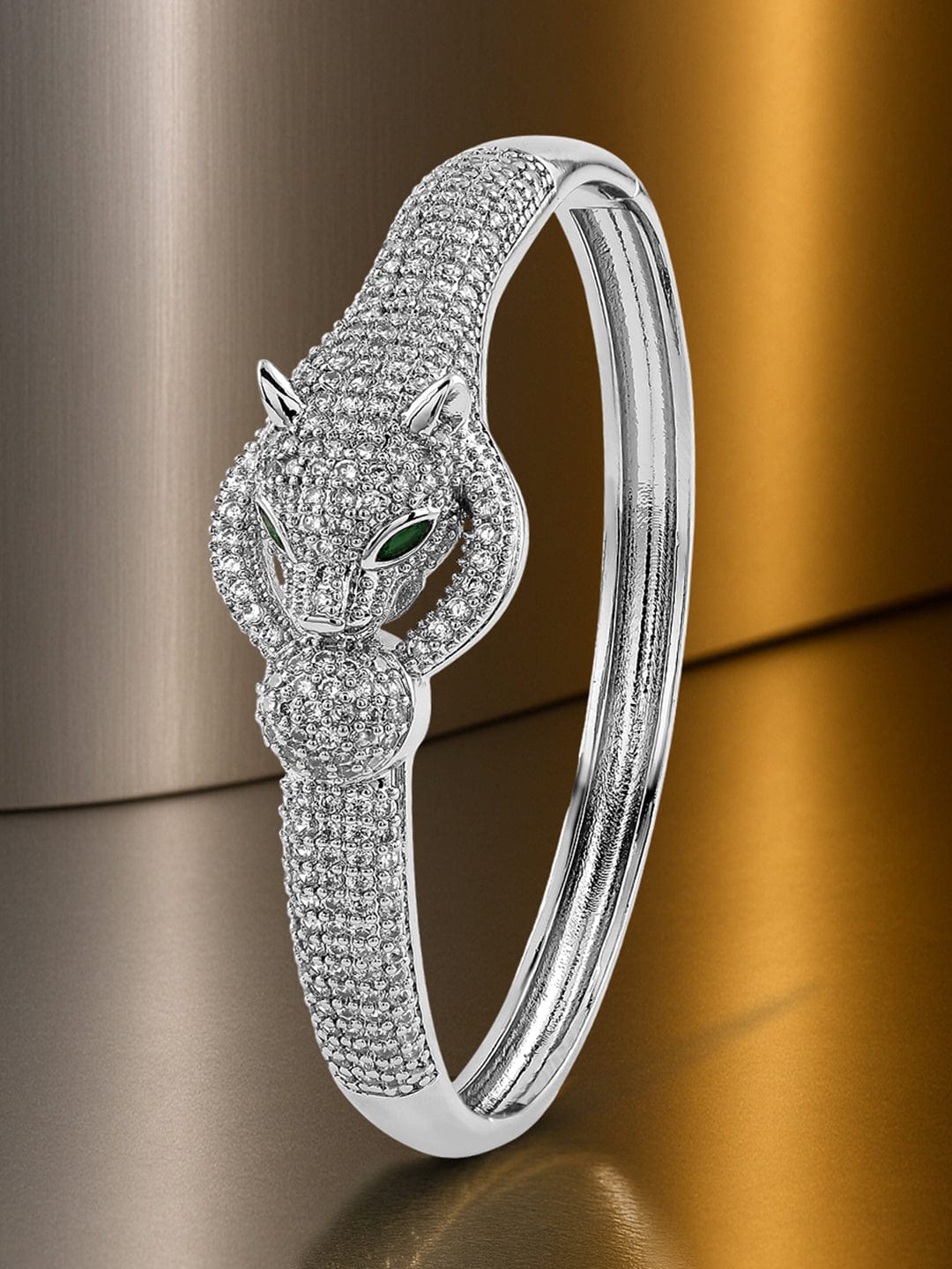 Rubans Rhodium-Plated Panther Design Bracelet with Emerald & Cubic Zir