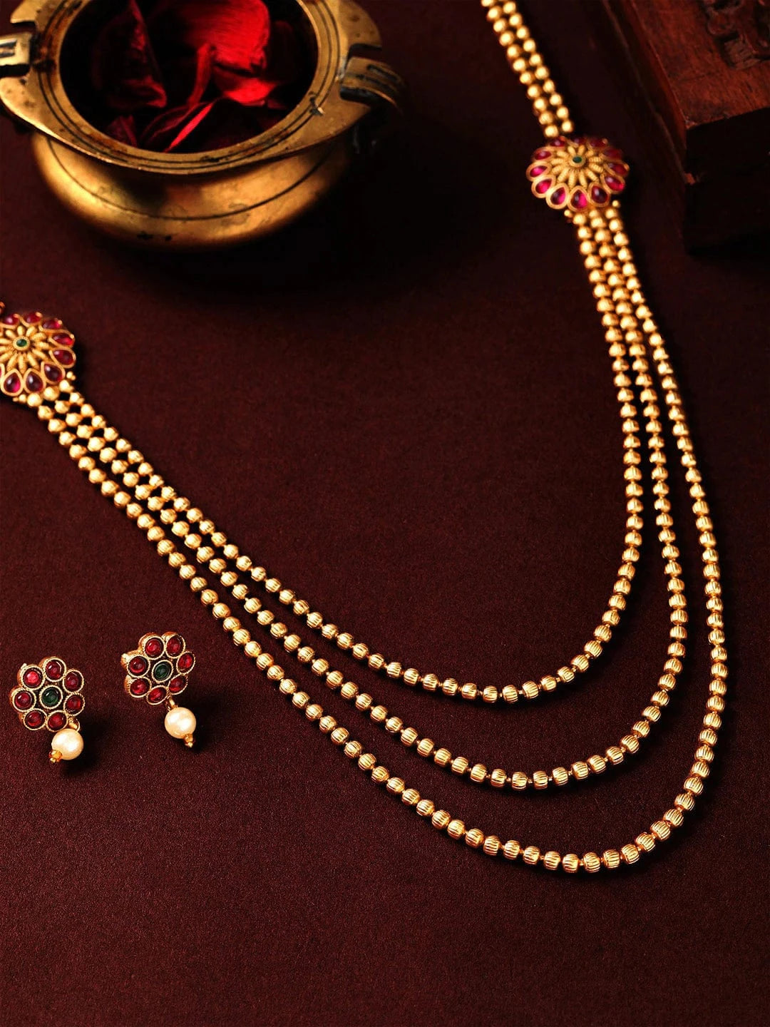 Rubans Traditional 18K Gold Plated Layered Necklace Set With Ruby Ston